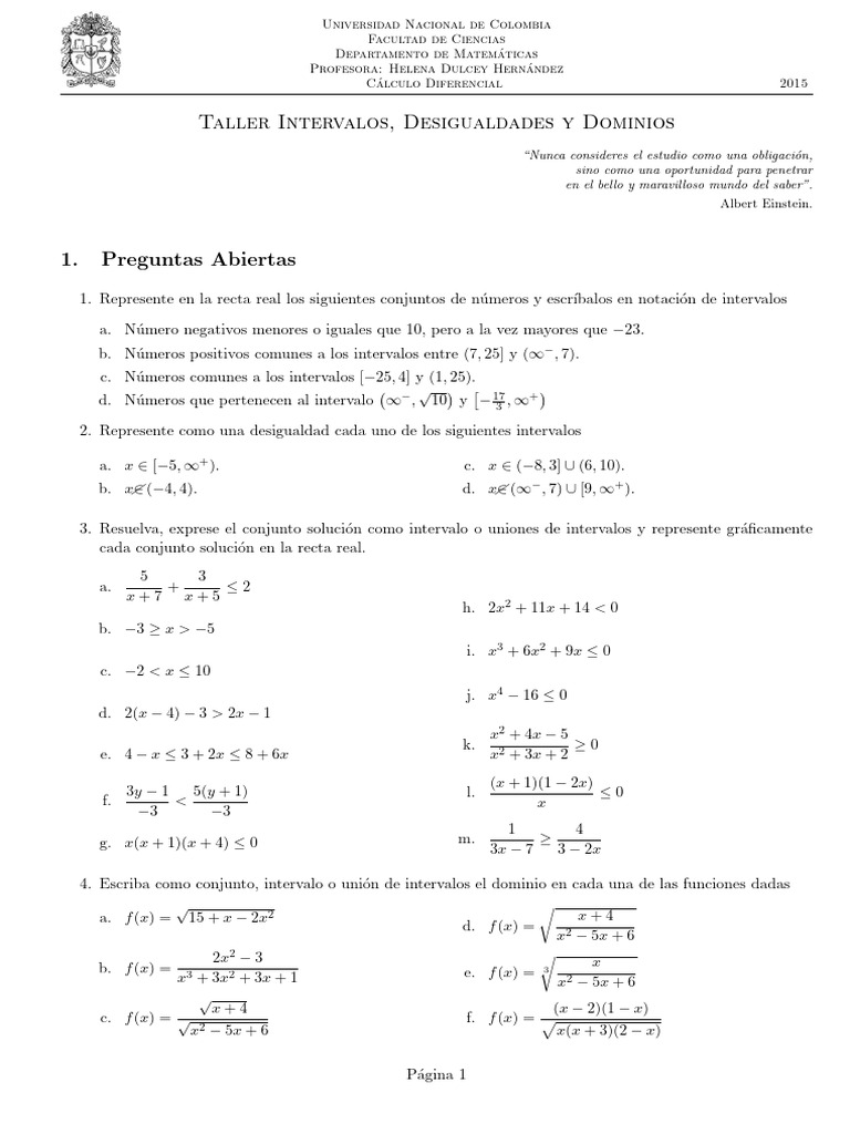 Taller 6 Intervalos, Desigualdades y Dominios | PDF | Intervalo (Matemáticas) | Conceptos ...
