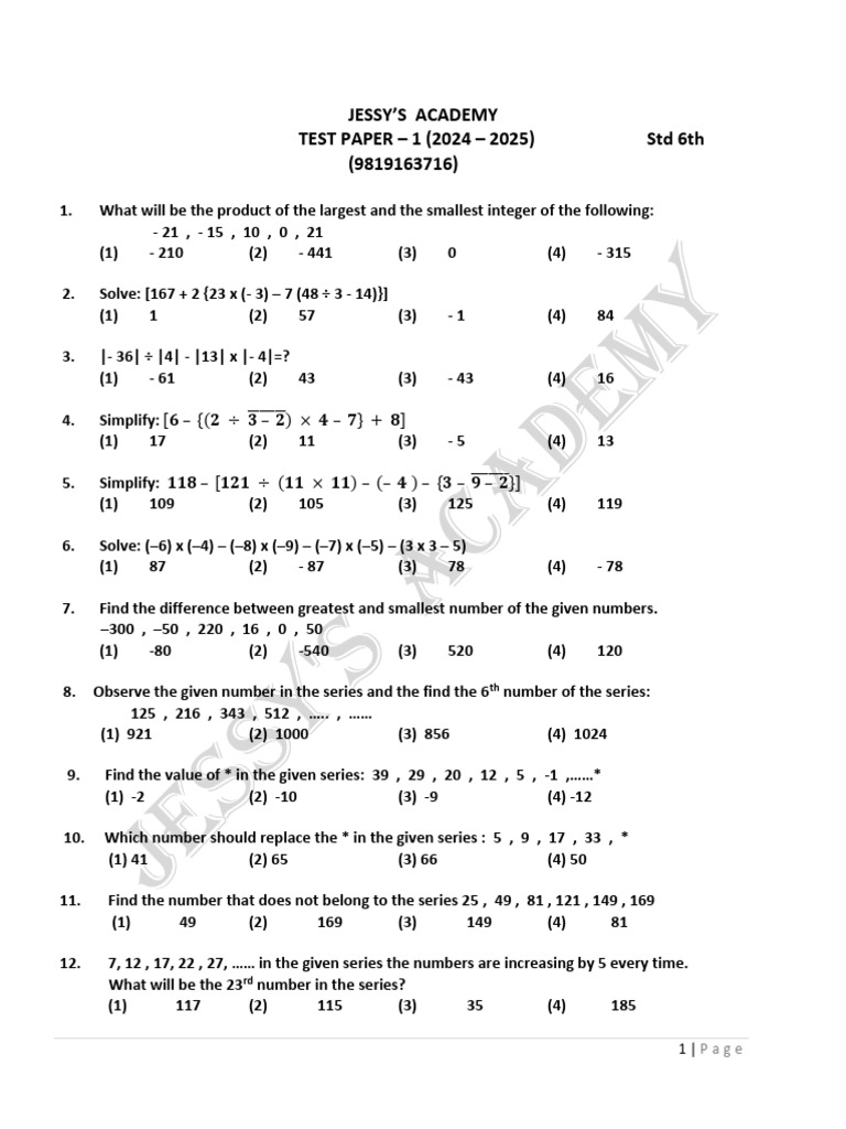 TEST PAPER - 1 (2024 - 2025) STD 6th (INTEGERS, SEQUENCE, RATIO) | PDF ...