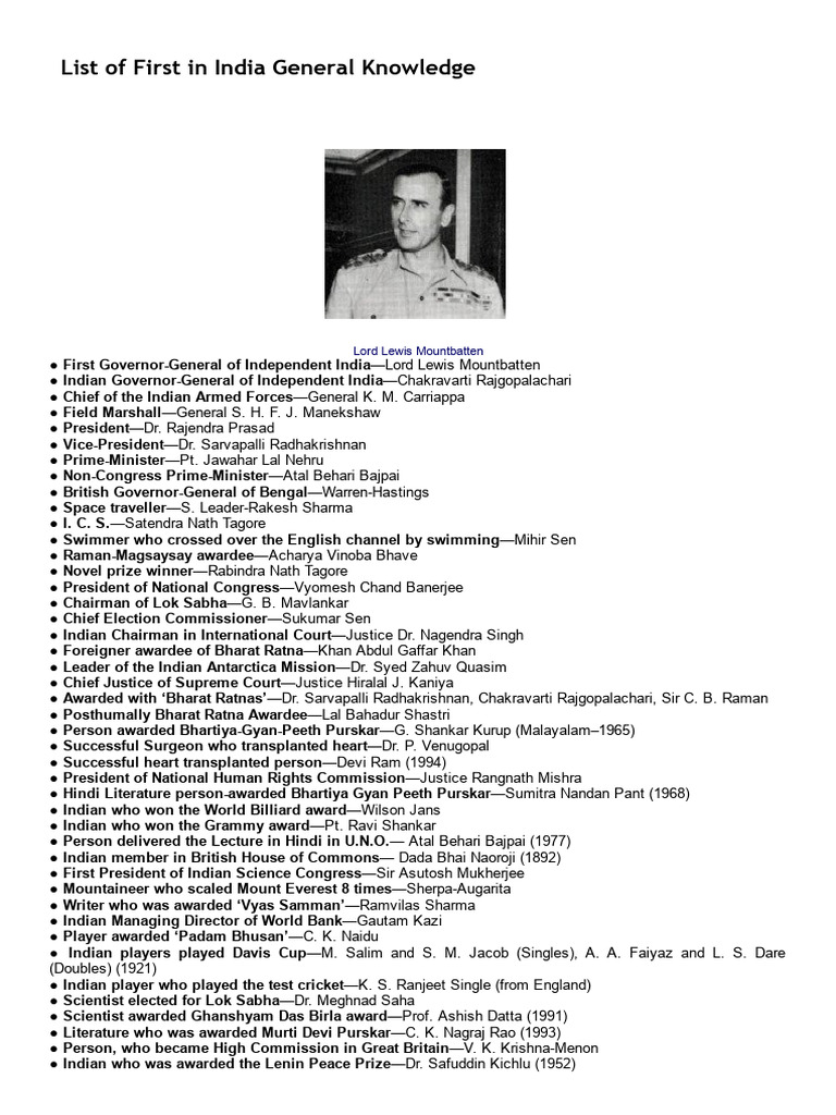 List-Of-First-In-India-General-Knowledge (Indiagkpdf - In) | PDF ...