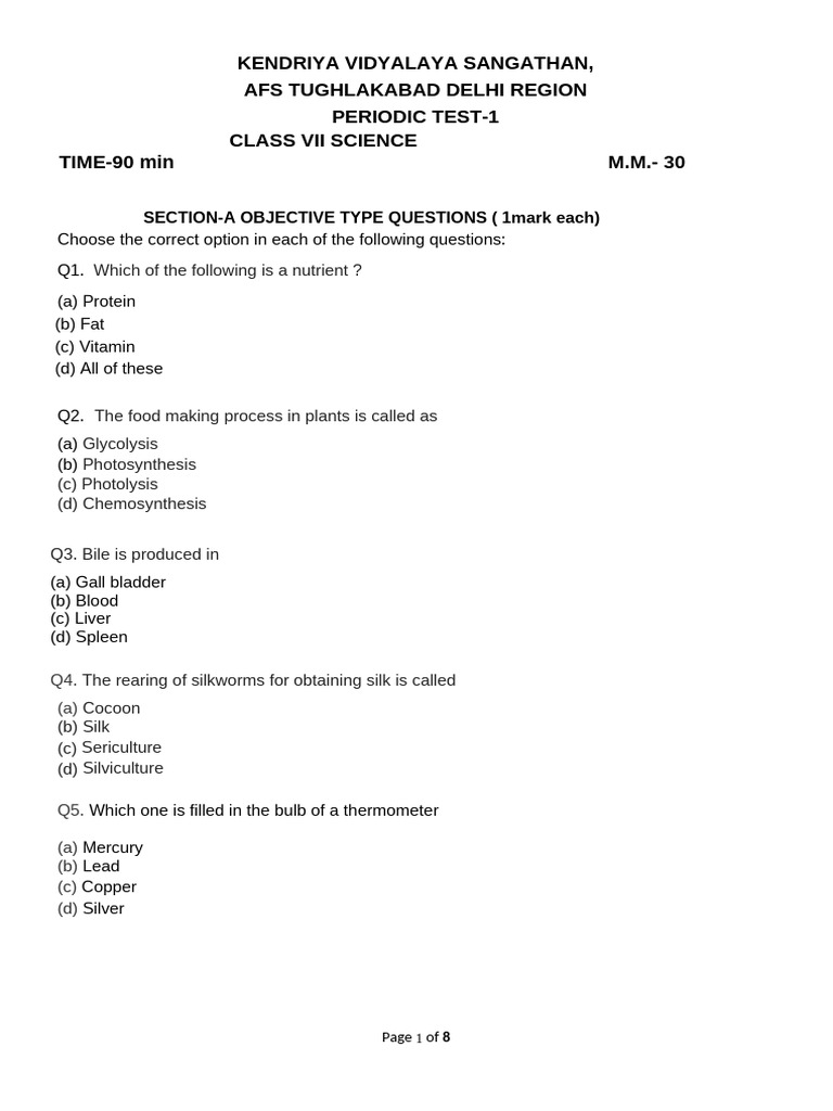 Class VII Science Periodic Test 1 | PDF