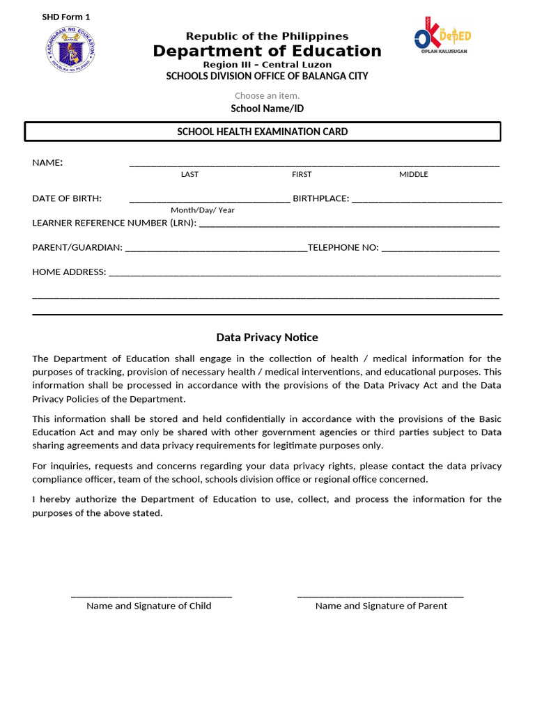 School Health Examination Card Form | PDF | Clinical Medicine ...