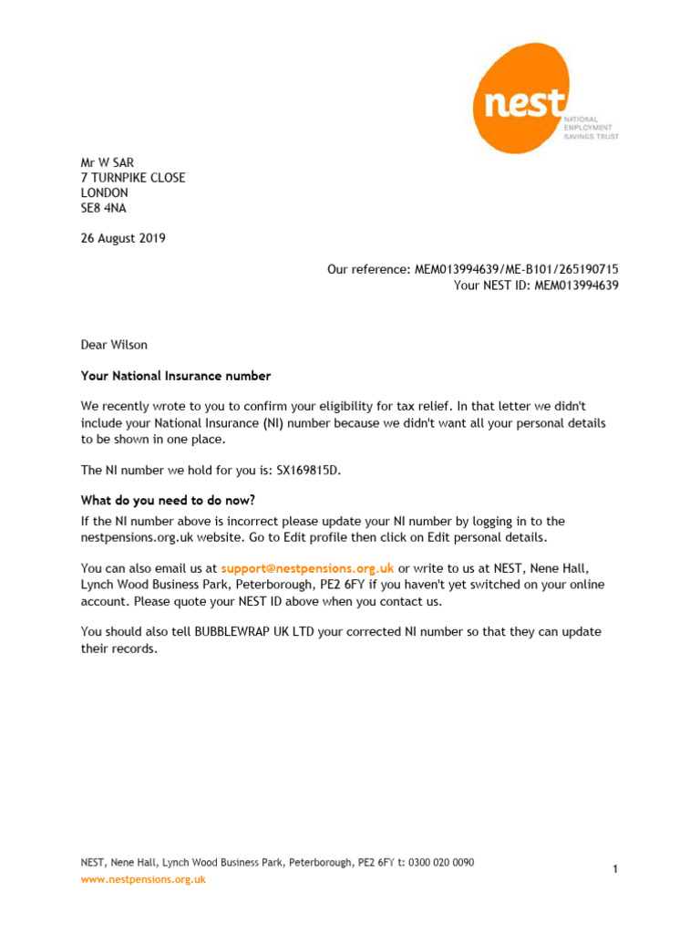 Your National Insurance Number: NEST, Nene Hall, Lynch Wood Business Park, Peterborough, PE2 6FY ...