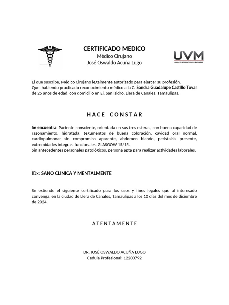 Certificado Medico Sandra | PDF