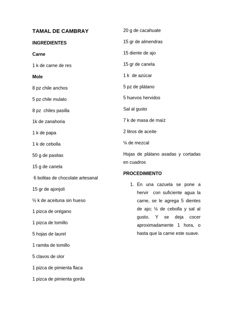 (Gastronomía) Receta Tamal de Cambray | PDF | Preparación de comida y ...