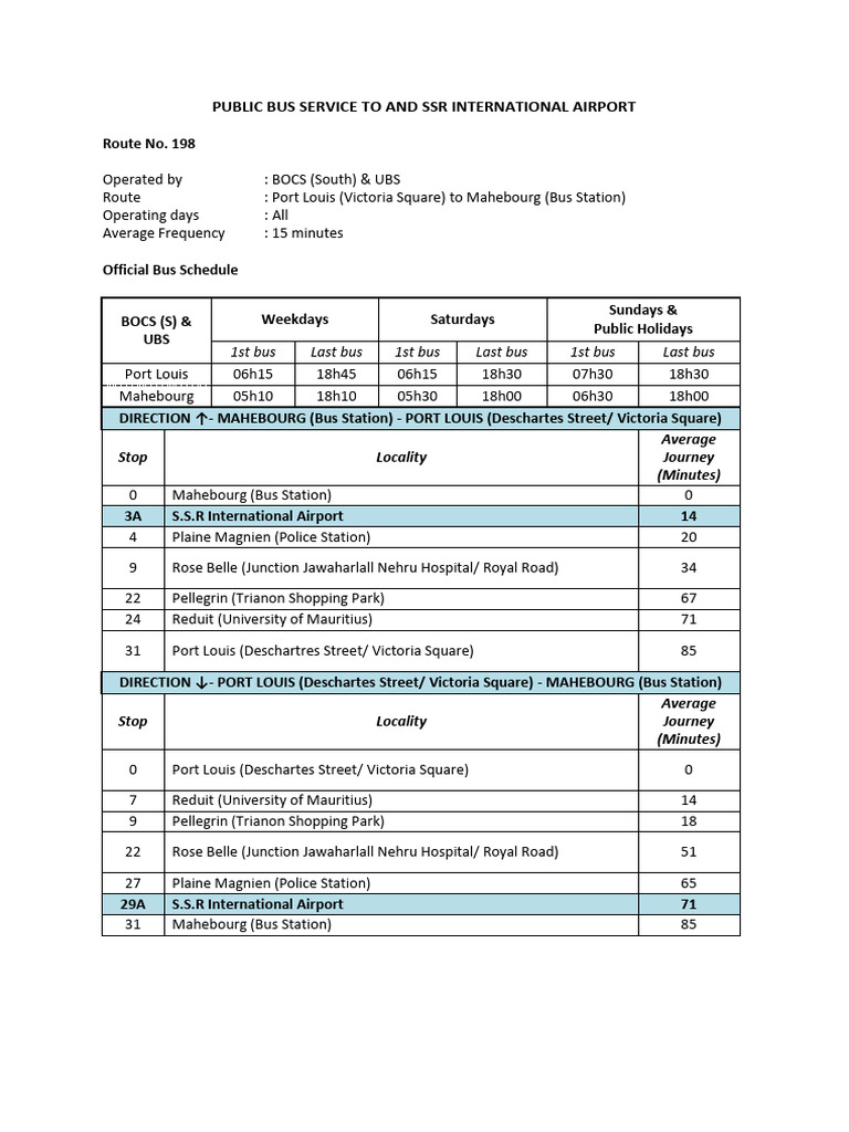 Public Bus Service To and SSR International Airport - Bus 198 | PDF ...