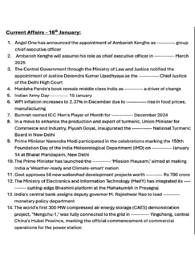 Current Affairs 16th January Pdf