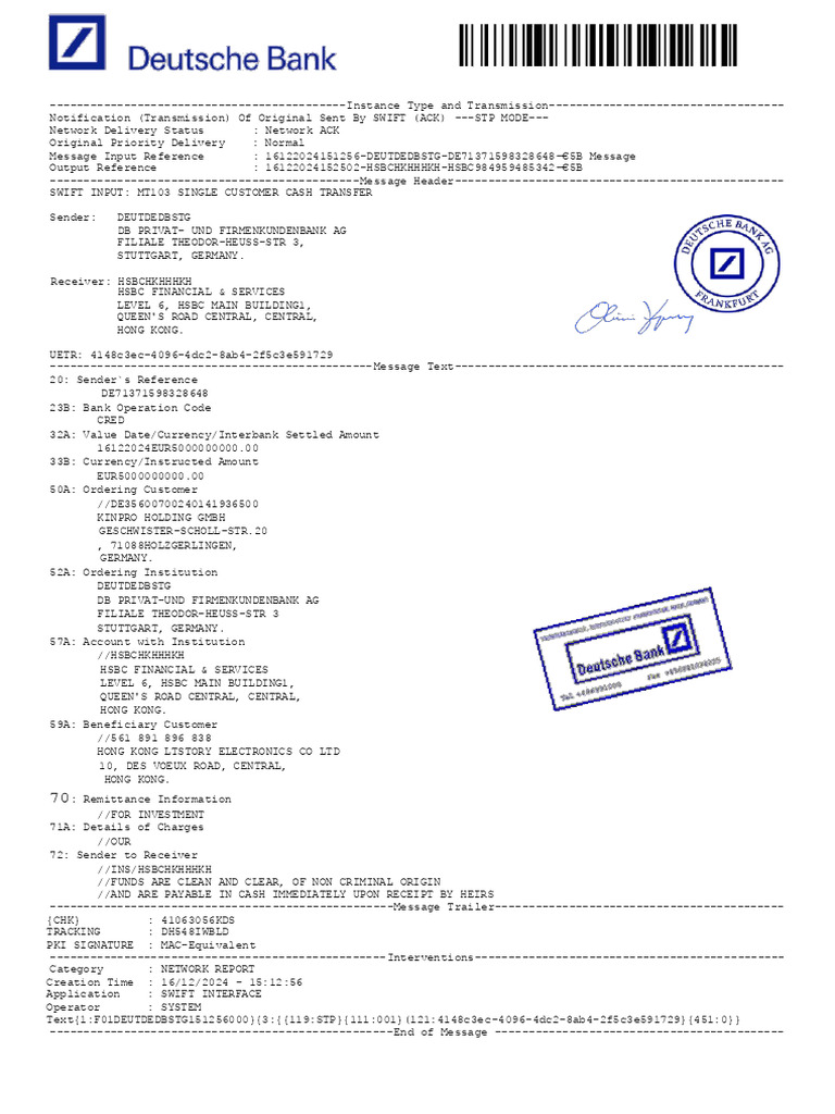 SWIFT MT103 Transmission Acknowledgment | PDF | Transmission Control ...