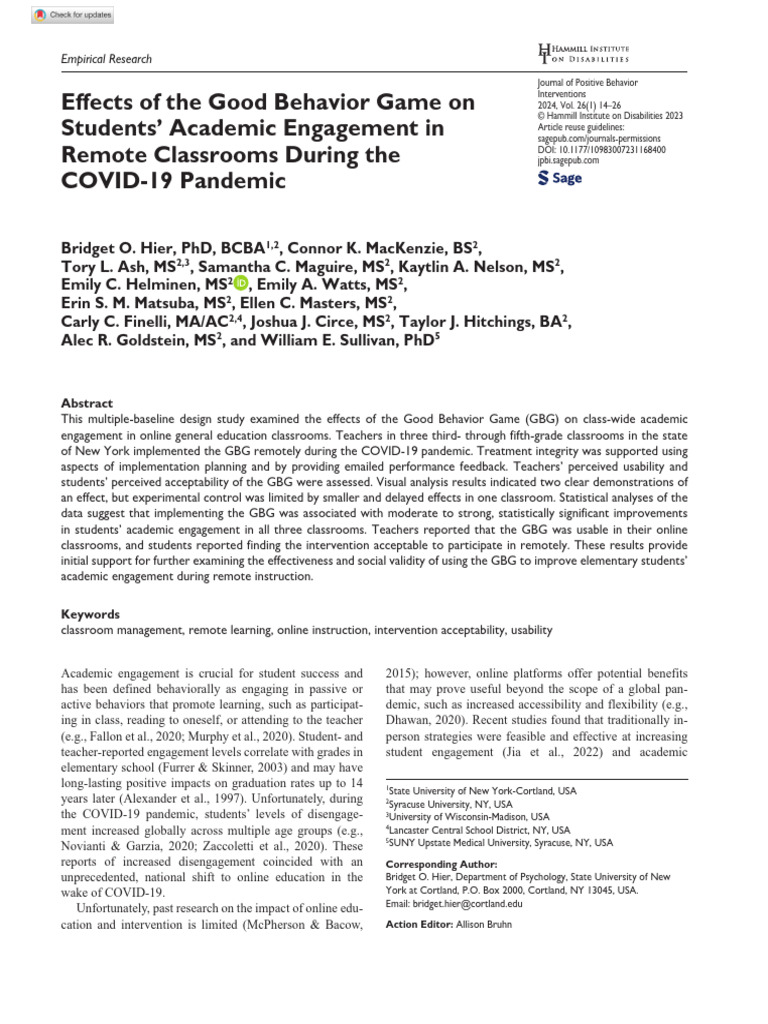 Hier Et Al 2023 Effects of The Good Behavior Game On Students Academic ...