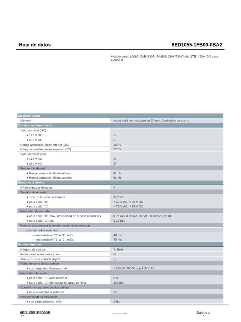 Módulo LOGO! DM8 230R: Especificaciones técnicas | PDF | Electricidad | Ingenieria Eléctrica
