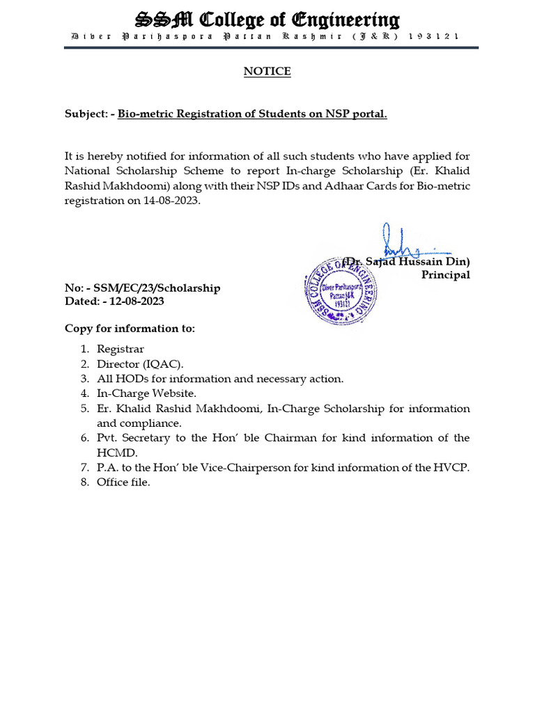 Bio-metric Registration of Students on NSP portal. | PDF