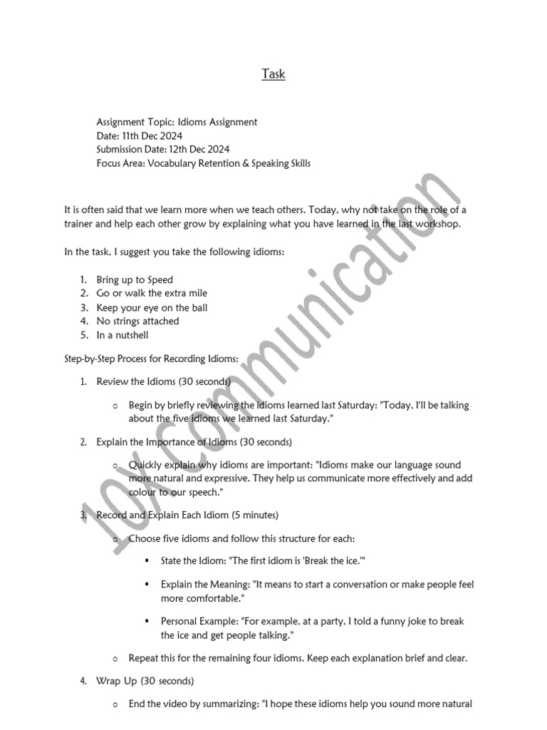 Idioms Assignment for Vocabulary Skills | PDF