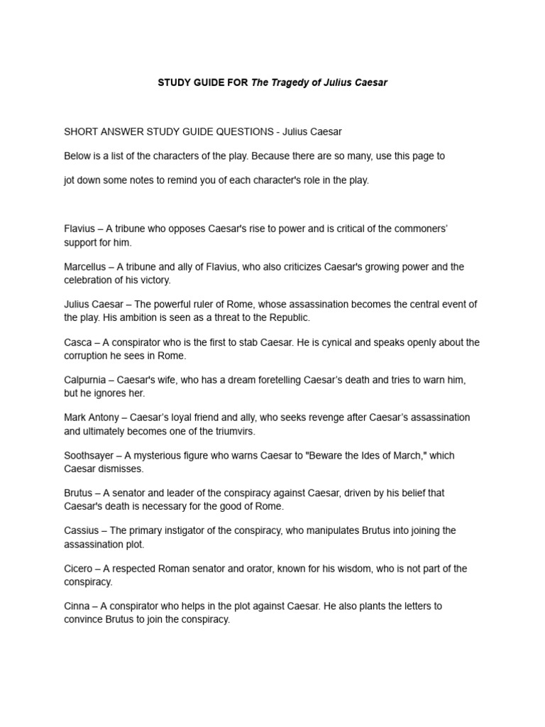 Julius Caesar Study Guide: Key Characters | PDF | Mark Antony | Julius ...