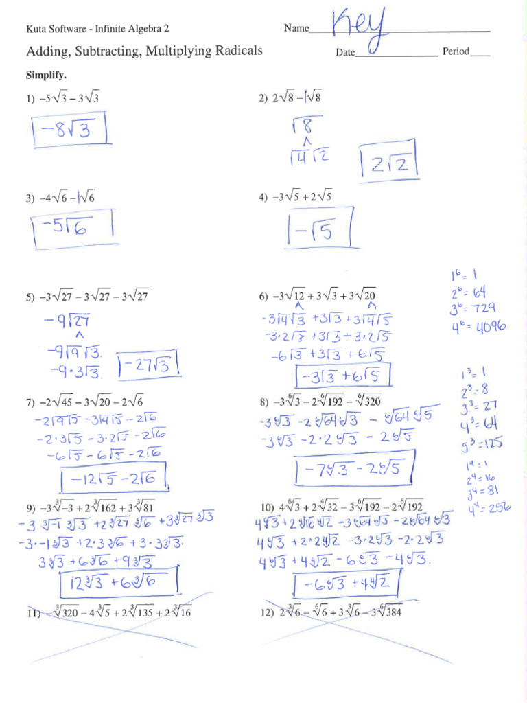 Adding Subtracting Multiplying Radical Expressions Ws - Key | PDF