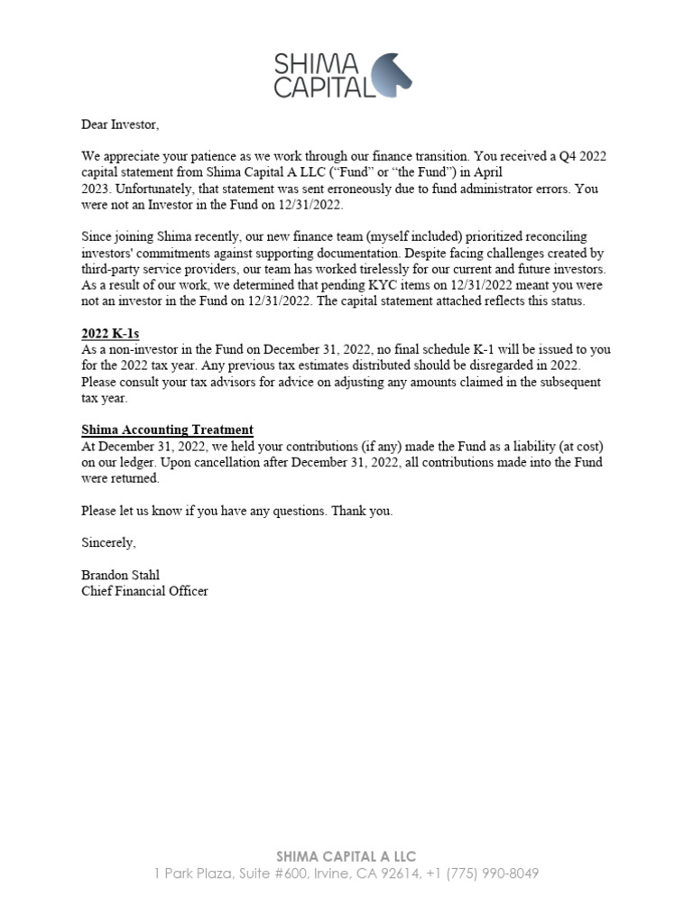 Shima Capital A LLC - Letter to Investors Cancelled | PDF