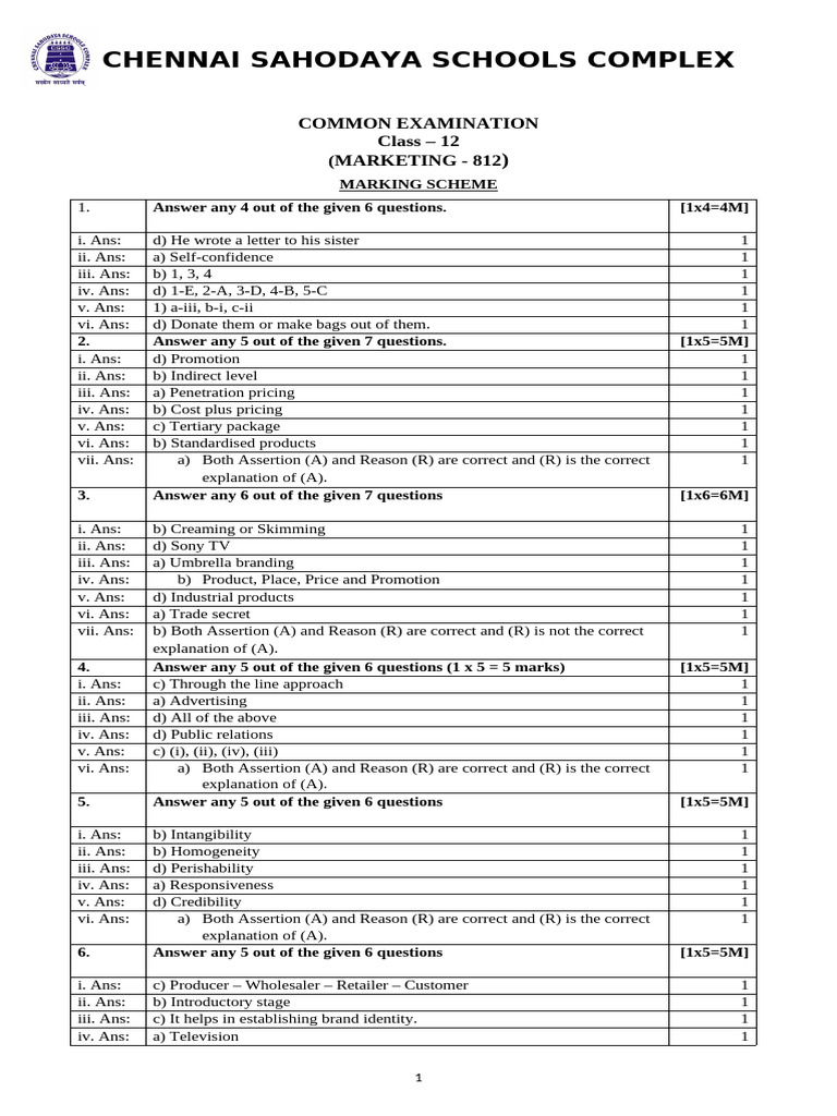 Marketing Class 12 Marking Scheme | PDF | Brand | Marketing