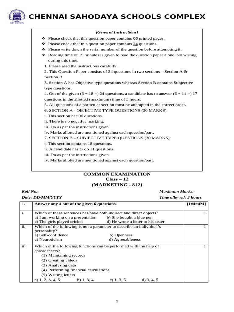 Class 12 Marketing Exam Paper 2024 | PDF | Pricing | Marketing