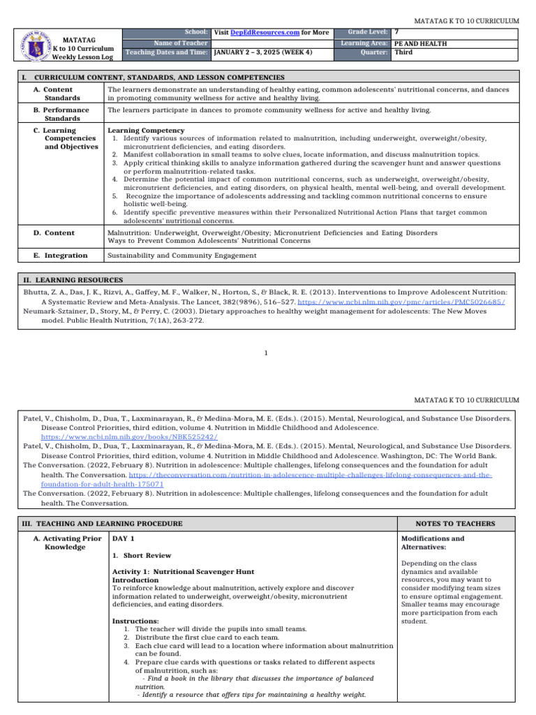 DLL MATATAG _PE&HEALTH 7 Q3 W4-5 | PDF | Obesity | Malnutrition