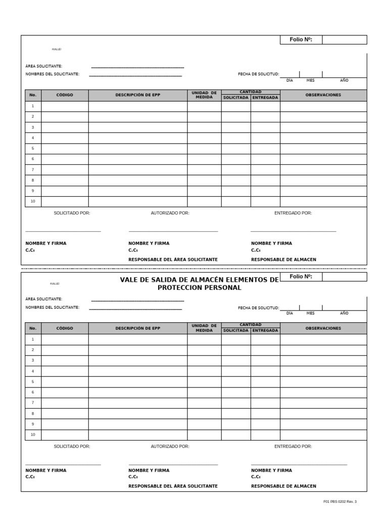 Vale de Salida de Almacen Elementos de Proteccion Personal | PDF