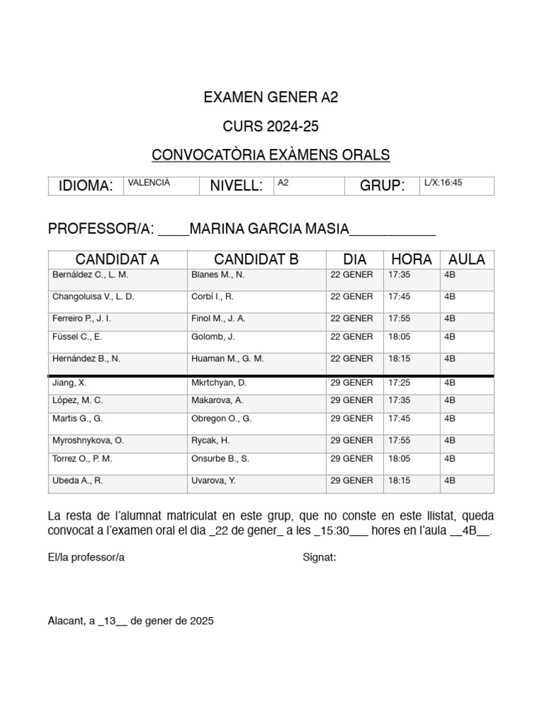 Convocatoria Orals A2 | PDF