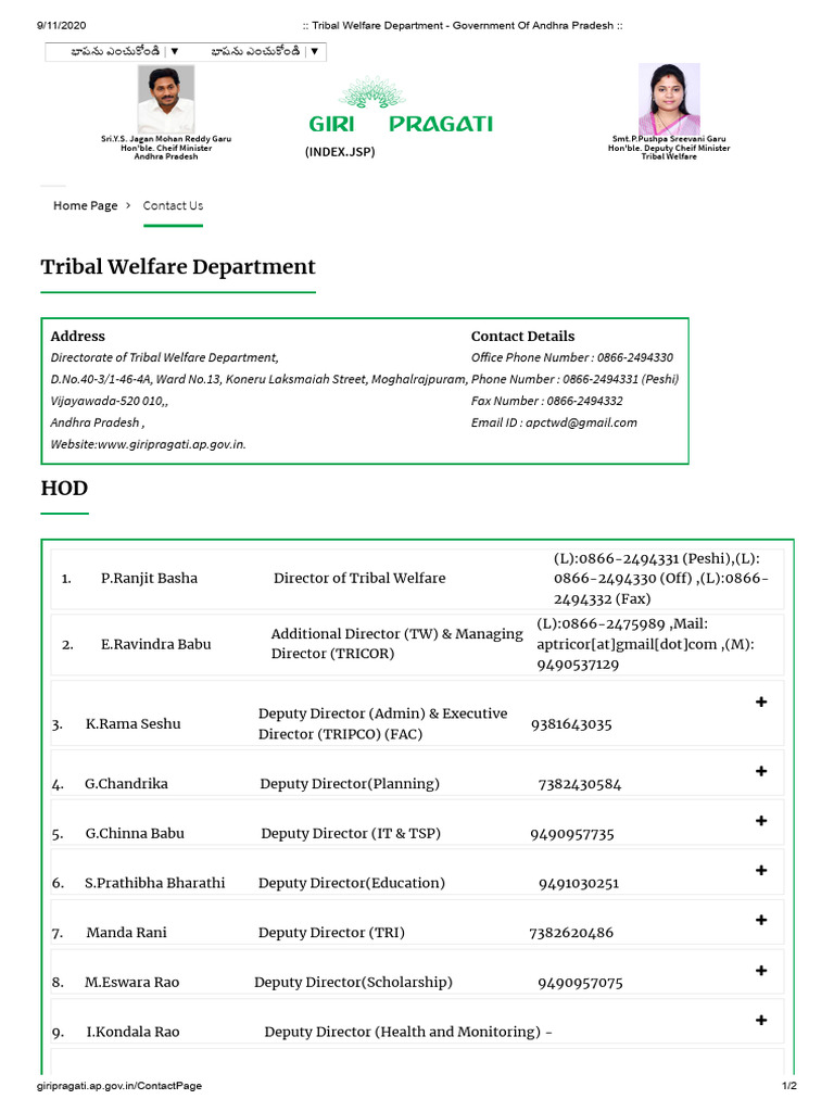 Contact Information for Tribal Welfare AP | PDF