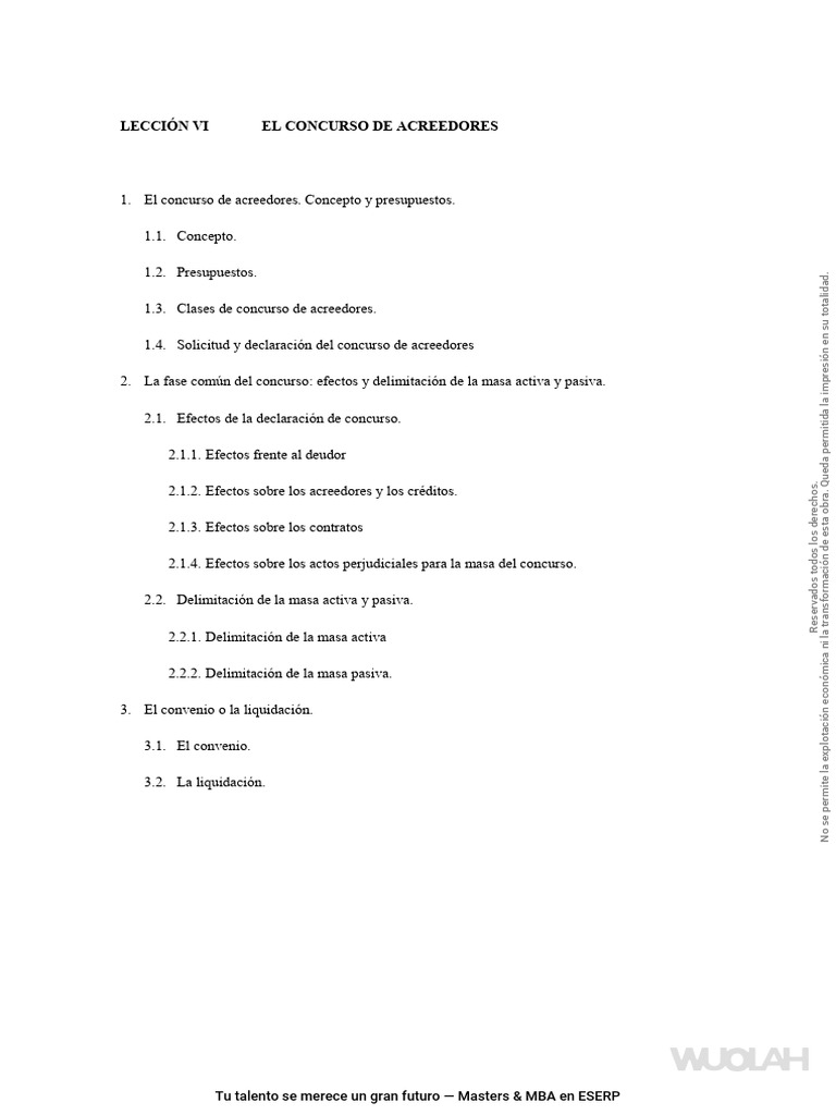 Lección Vi El Concurso de Acreedores | PDF | Insolvencia | Pagos