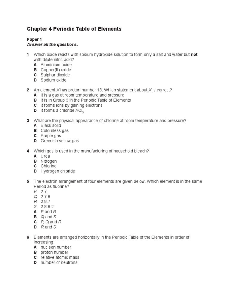 Chemistry Quiz Chapter 4 Form 4 @ | PDF | Chemical Elements | Oxide