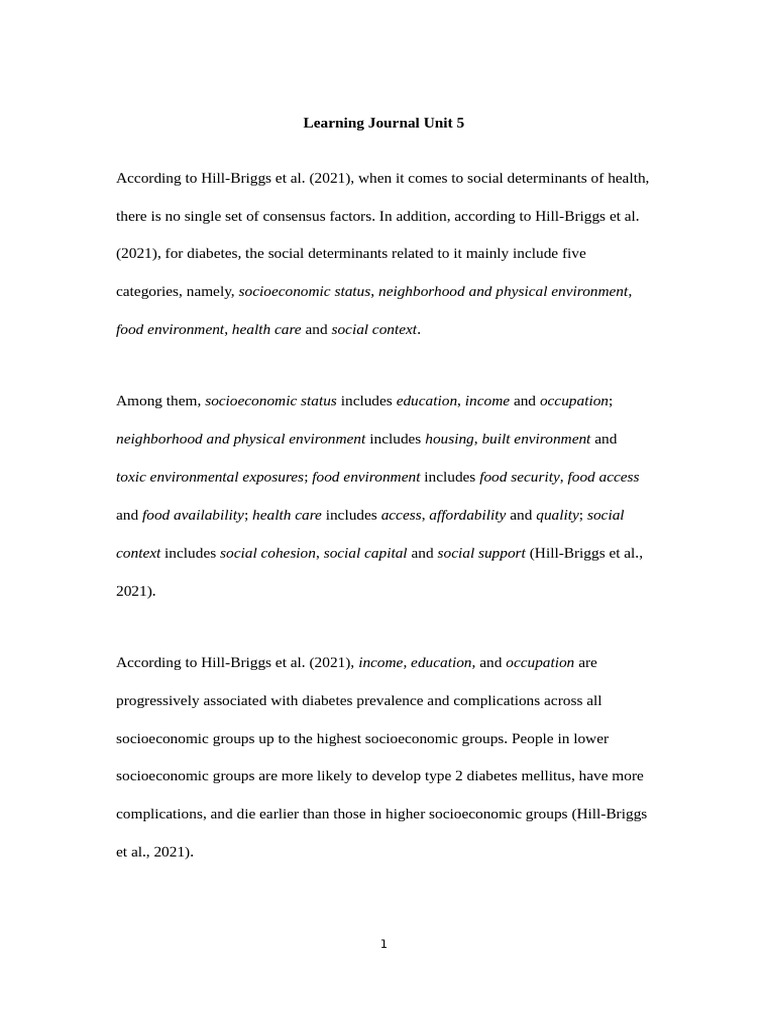 Learning Journal Unit 5 | PDF | Diabetes | Socioeconomic Status