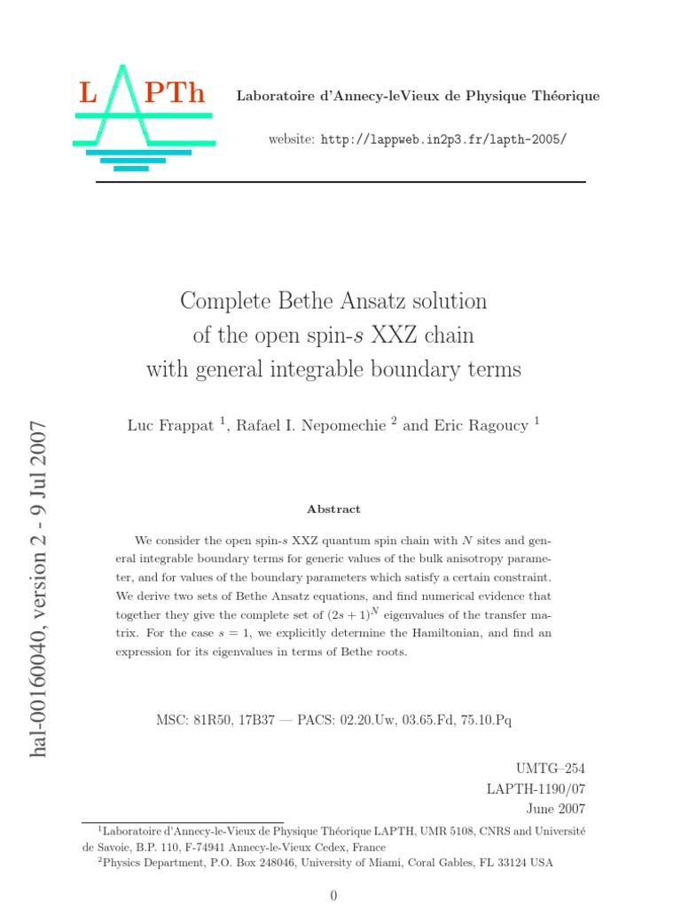 Luc Frappat Et Al - Complete Bethe Ansatz Solution of The Open Spin-S ...