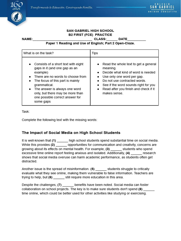 FCE Paper 1: P2 Open-Cloze | PDF | Communication | Social Psychology