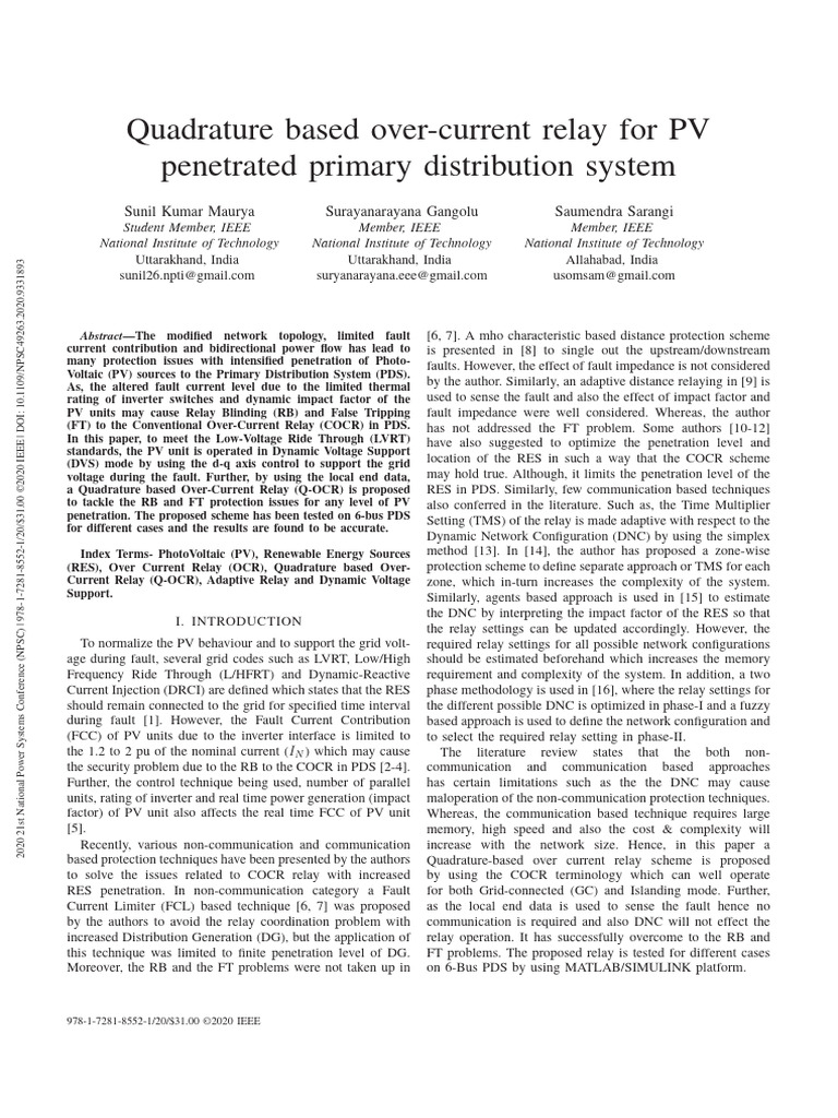 Quadrature Based Over-Current Relay For PV Penetrated Primary ...