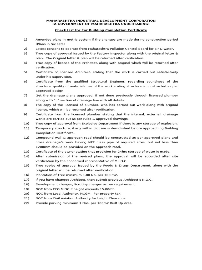 Building Completion Certificate Checklist | PDF