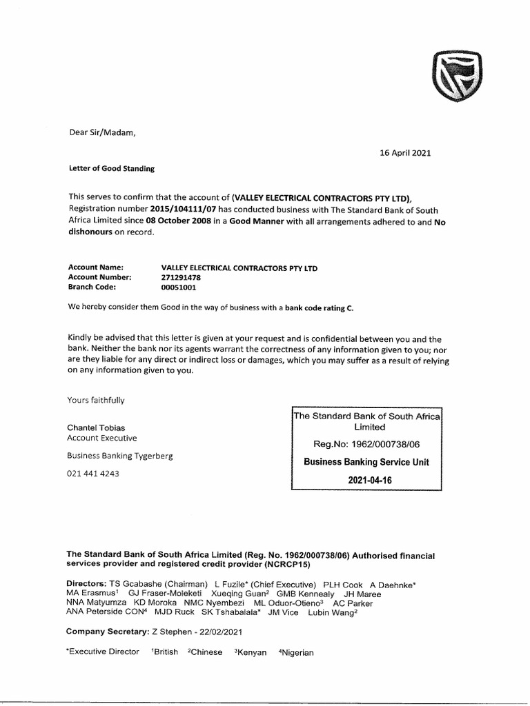Standard Bank Letter of Good Standing April 2021 | PDF