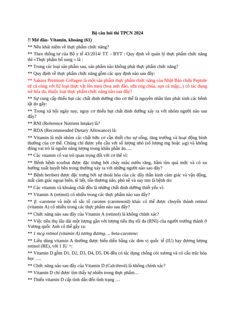 Đề Cương Ôn Tập-Bộ Câu Hỏi Thi TPCN 2024 | PDF