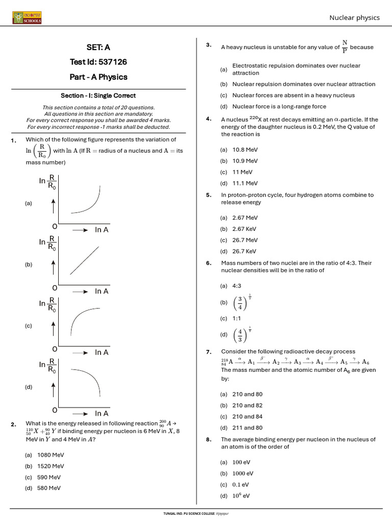 Physics Test: Nuclear Concepts & Reactions | PDF | Atomic Nucleus | Neutron