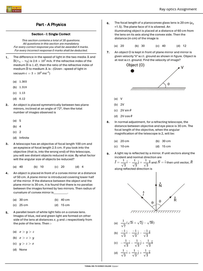 Ray Optics Assignment Testpaper 1735357489 Pdf Optics