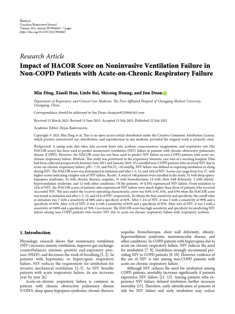 Impact of HACOR Score On Noninvasive Ventilation Failure in | PDF ...