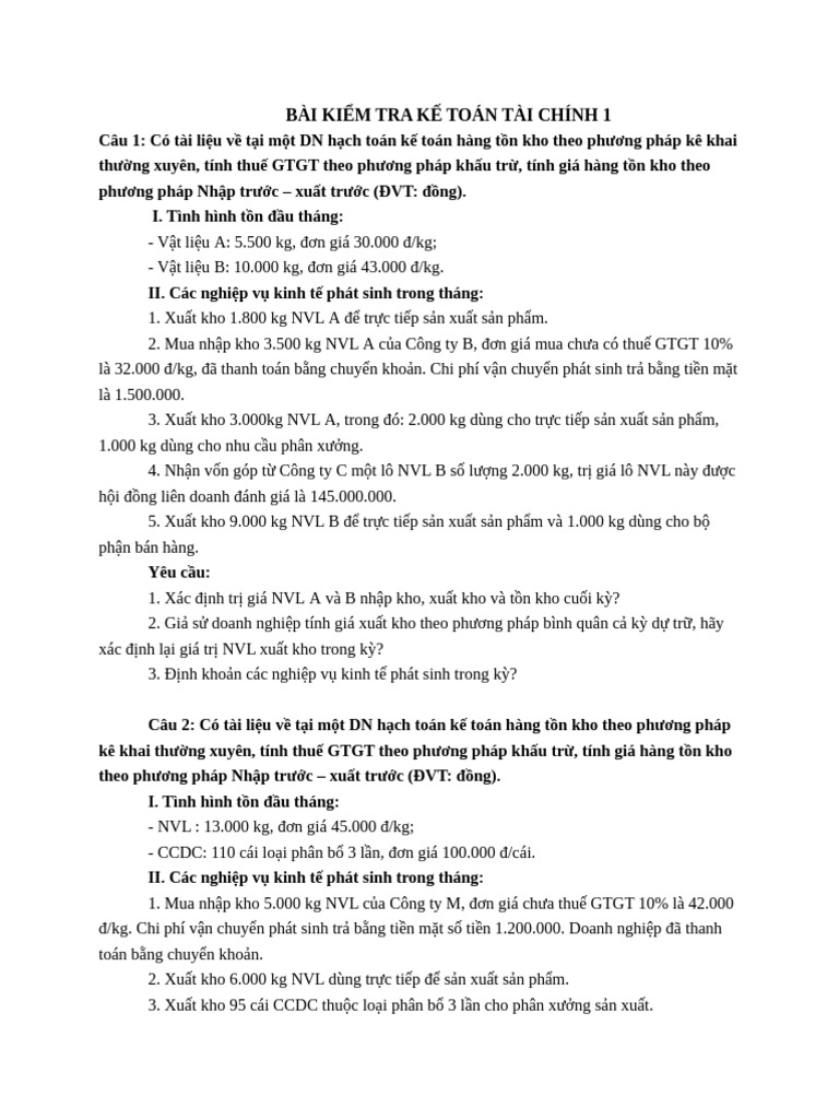 ĐỀ KIỂM TRA KTTC1-K17 tổng hợp | PDF