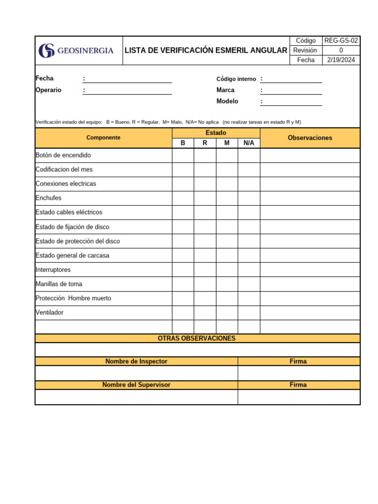 Verificación de Esmeril Angular: Checklist | PDF