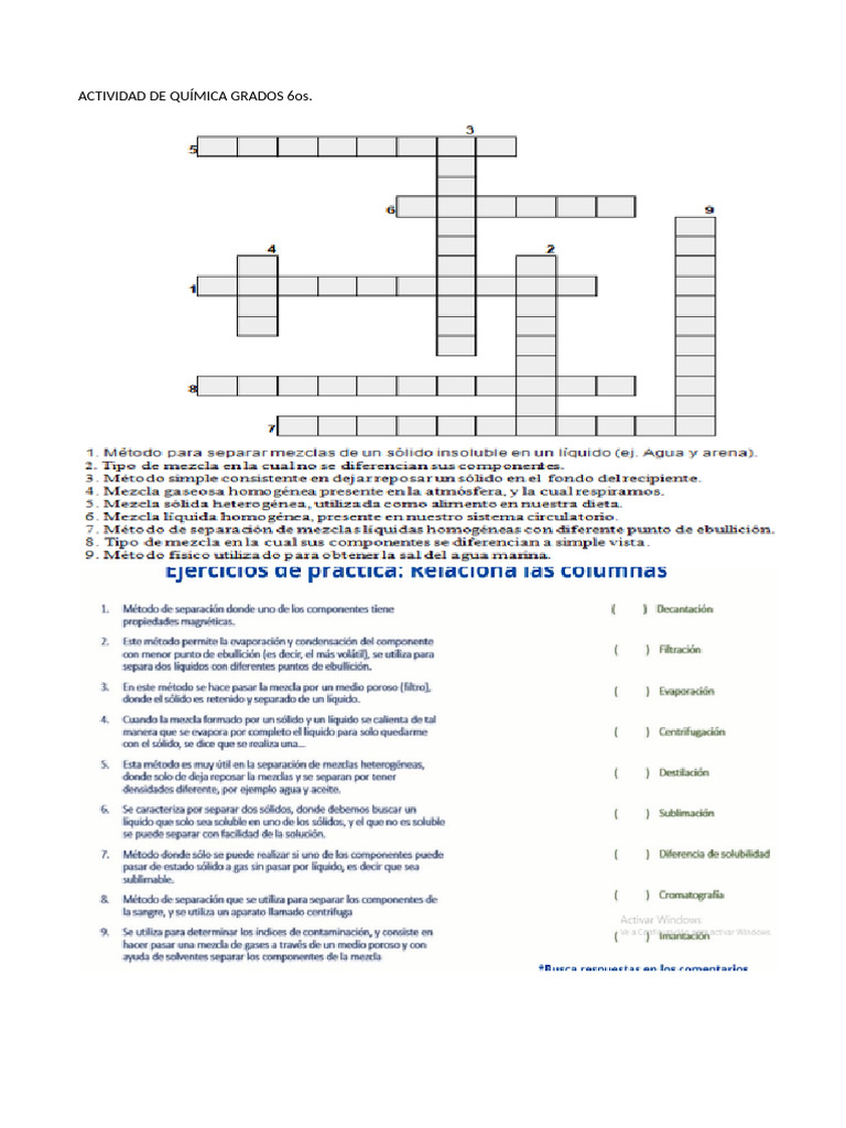 ACTIVIDAD DE QUÍMICA GRADOS 6os | PDF