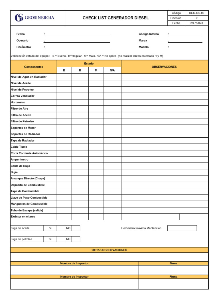 Check List Generador Diesel | PDF | Motores
