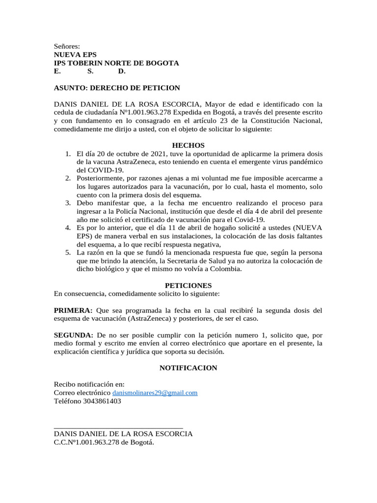 Peticion Danis Daniel de La Rosa Escorcia | PDF