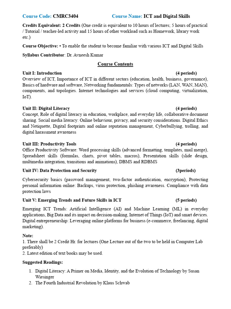 ICT and Digital Skills Course Outline | PDF | Computer Security | Security