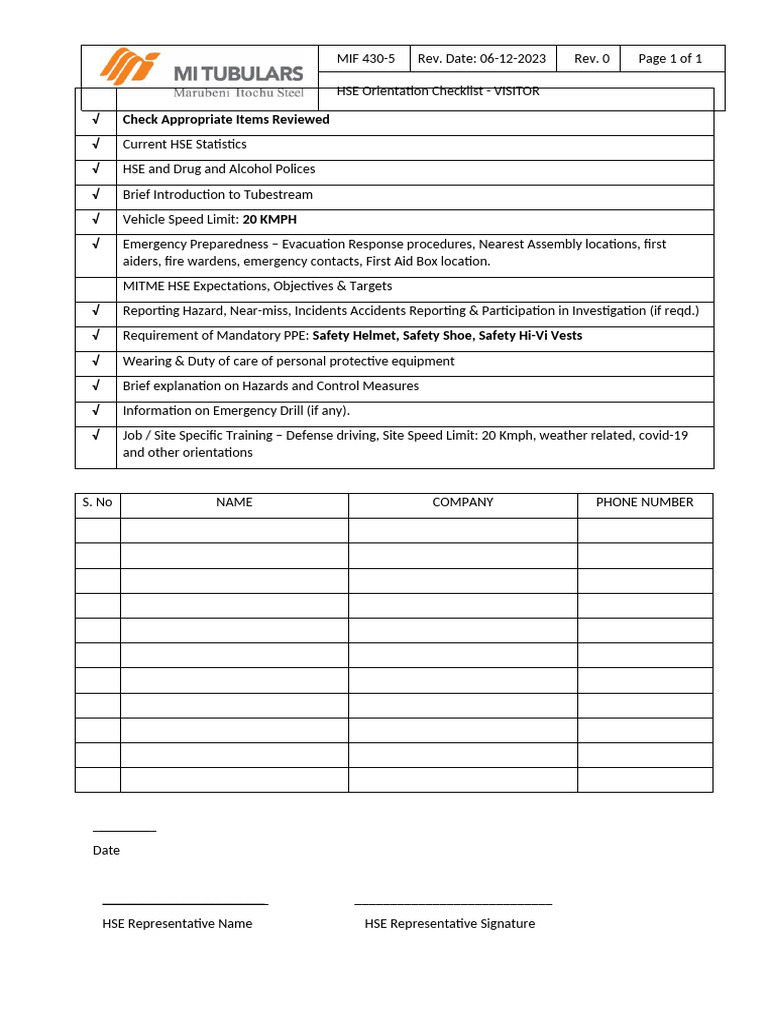HSE Visitor Orientation Checklist | PDF
