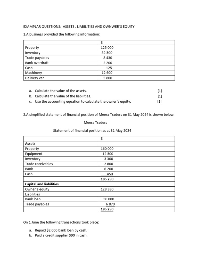 EXAMPLAR QUESTIONS Accounting Equation | PDF