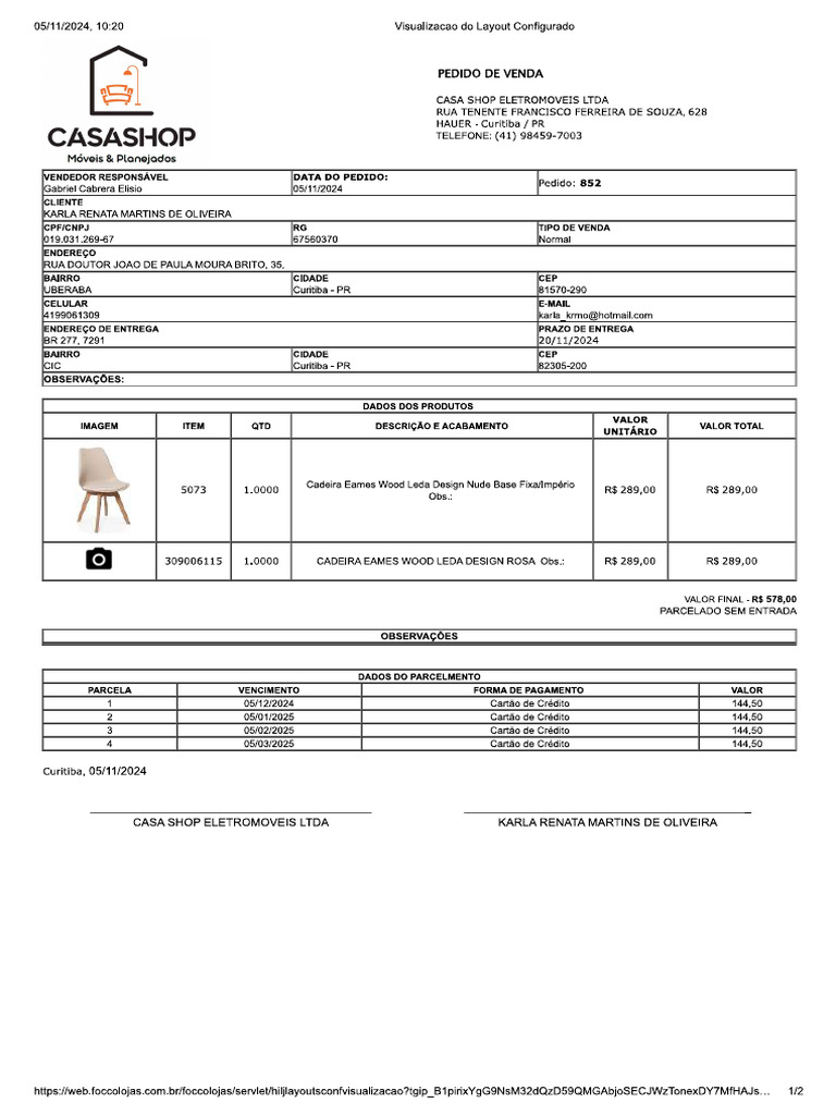 Contrato Cadeiras Karla | PDF