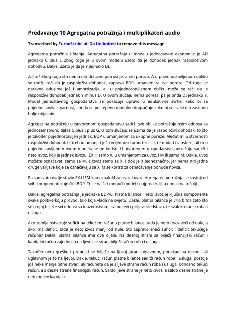 Predavanje 10 Agregatna Potražnja I Multiplikatori Audio | PDF