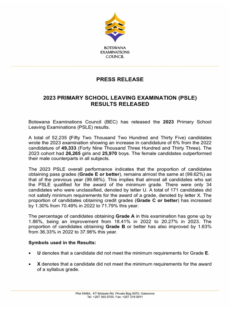 Press Release 2023 Psle Results FM LD 19.12.2023 | PDF | Student ...