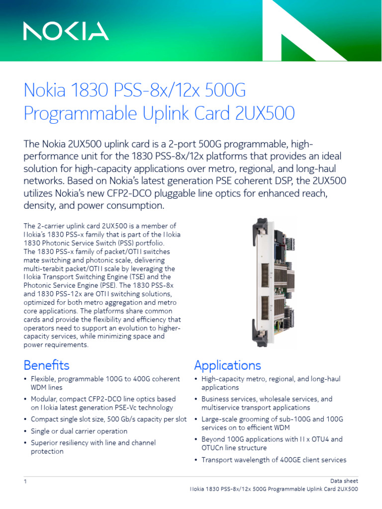 Nokia 1830 PSS 2UX500 Uplink Card Data | PDF | Wavelength Division Multiplexing | Telecommunications