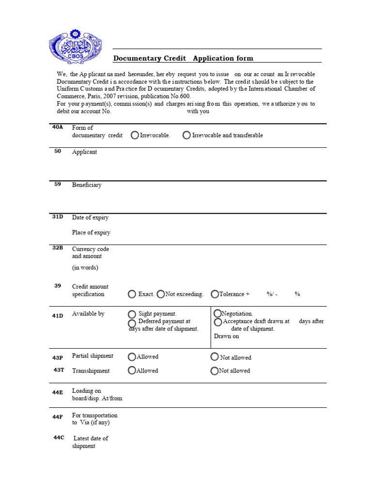 Documentary Credit Application Form | PDF | Supply Chain Management ...