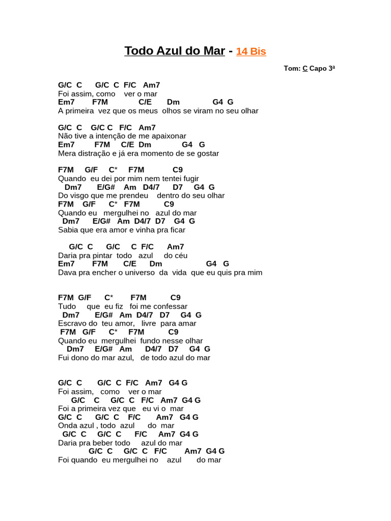 Todo Azul do Mar - Letra e Cifras | PDF